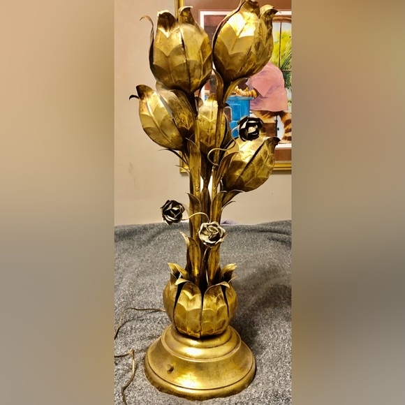 Other | Vintage Mcm Large 37 Gold Gilt Flower Lotus Tulip Table Lamp ...